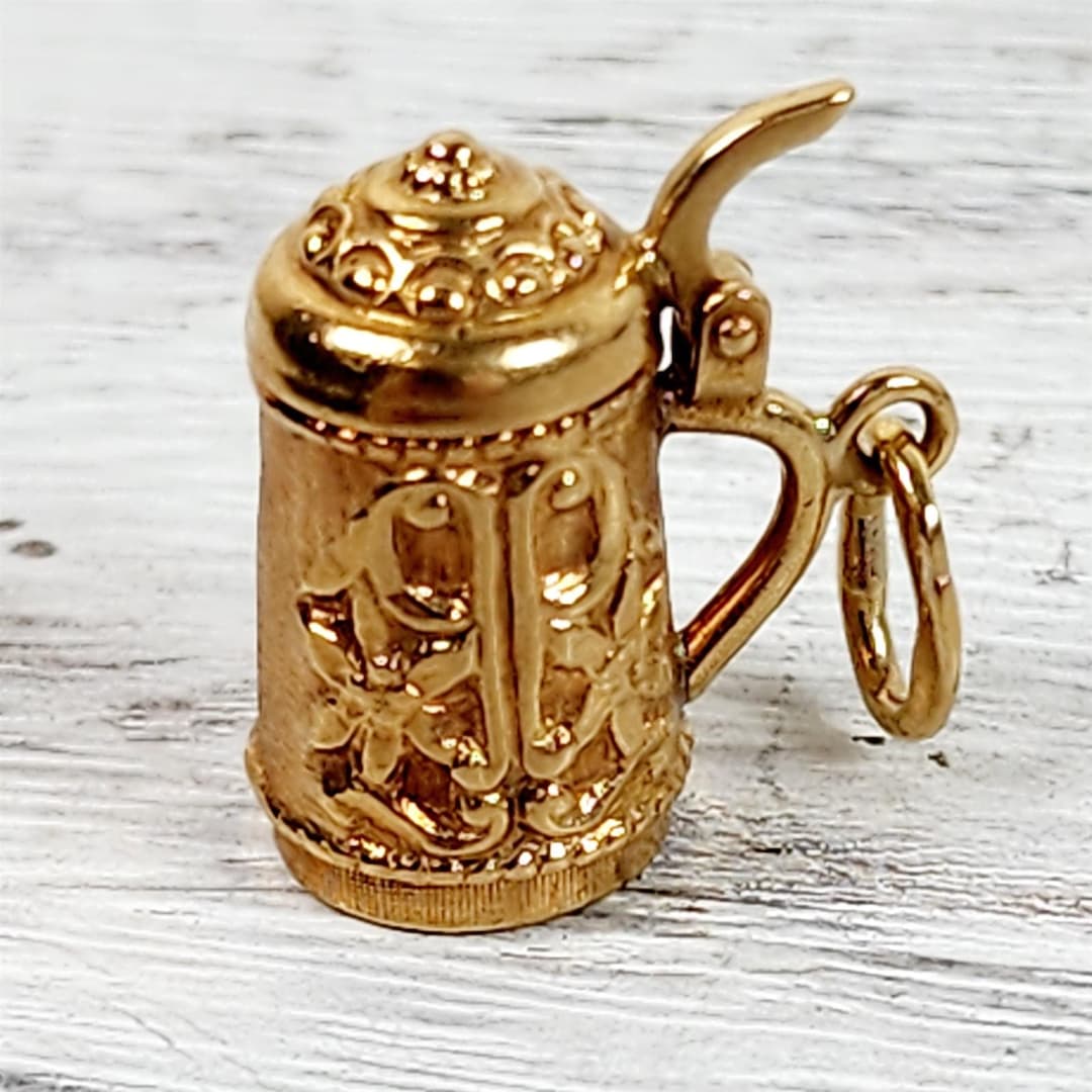 Vintage 18K Yellow Gold Beer Stein Charm Pendant 3D Opens up Retro ...