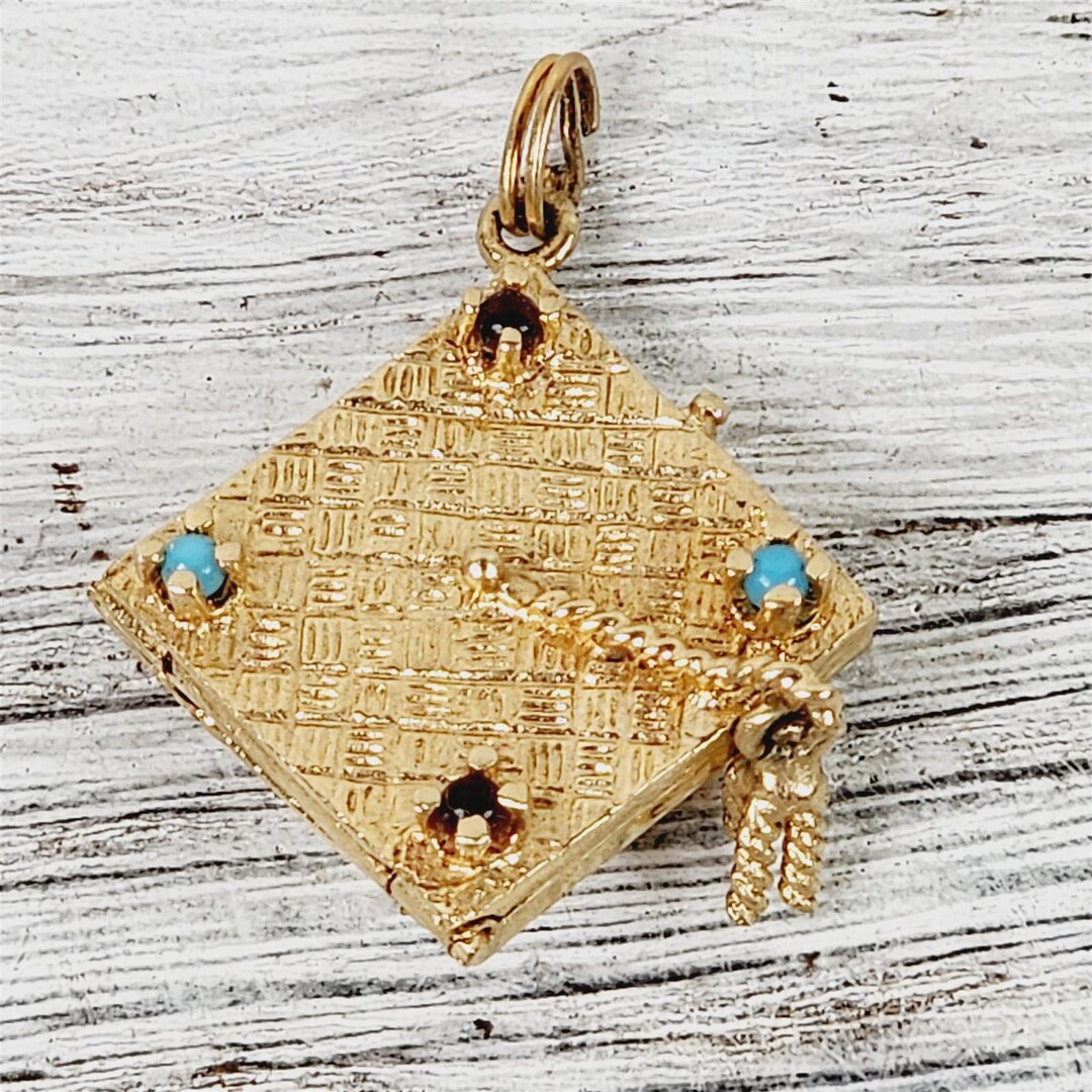 Vintage 14K Yellow Gold Graduation Cap Locket Charm Pendant Jeweled ...