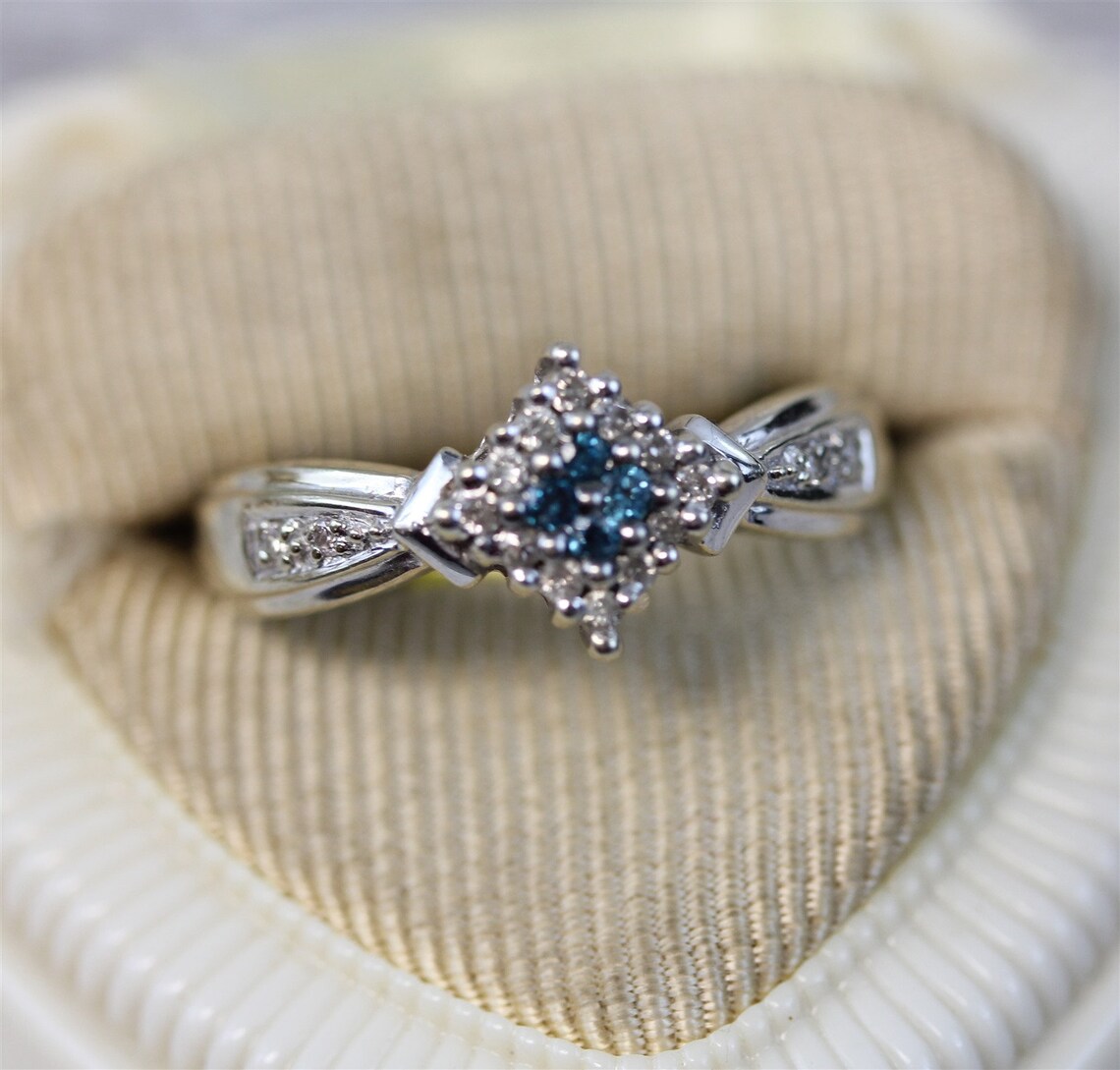 14K White Gold Blue Clear Diamond Cluster Ring Luxury Designer - Etsy