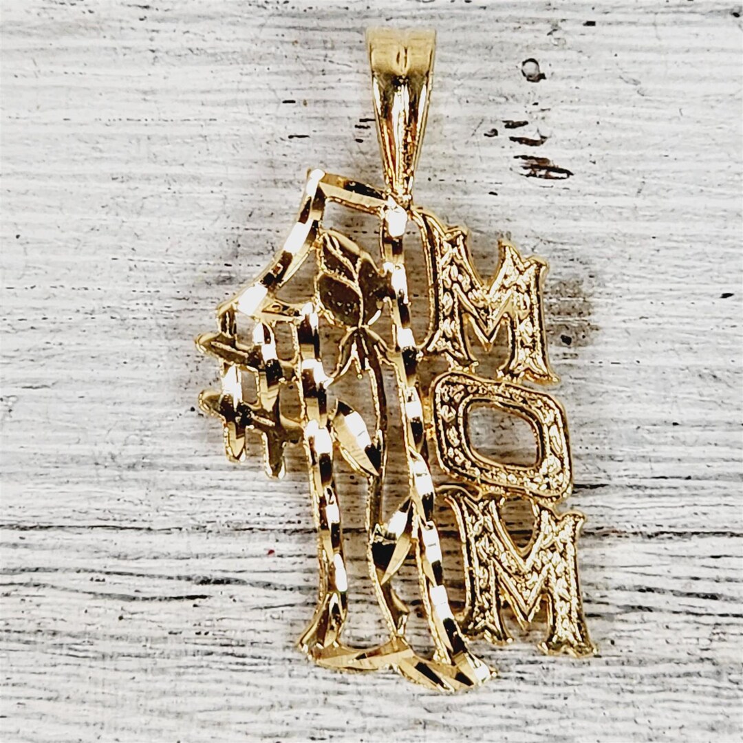 Vintage 14K Yellow Gold # 1 Mom Pendant Spelled Out Diamond Cut Luxury ...