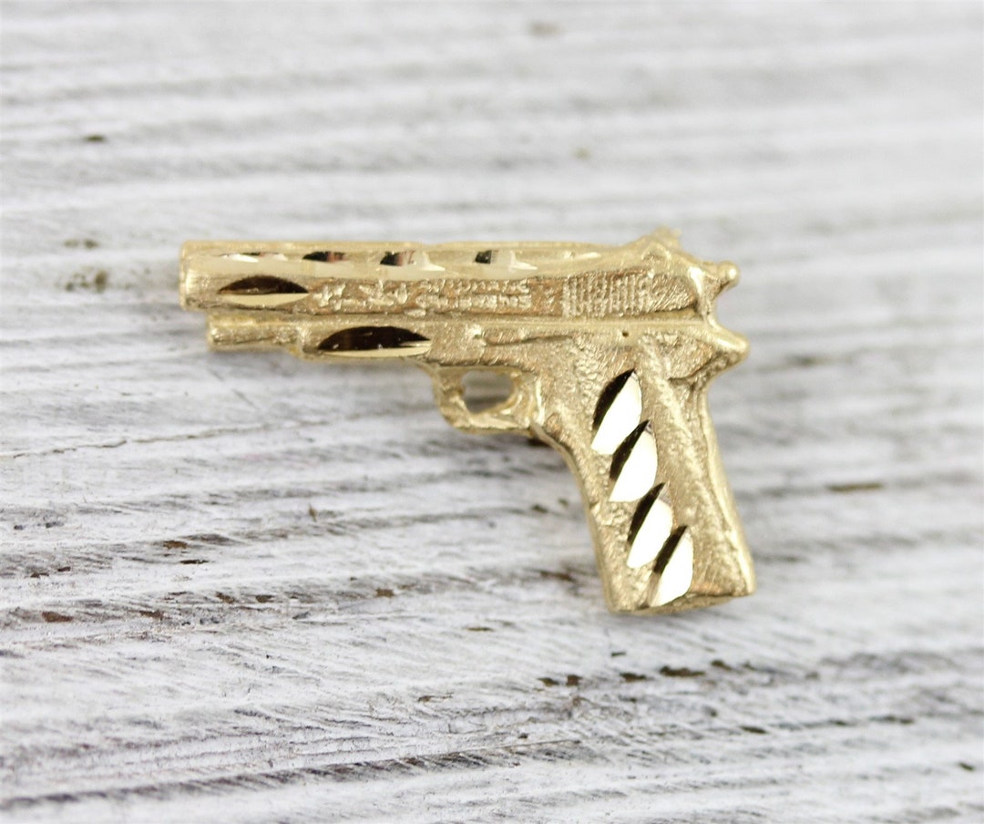 Vintage Pistol Hand Gun Glock 14K Yellow Gold Pendant Diamond Cut Power ...