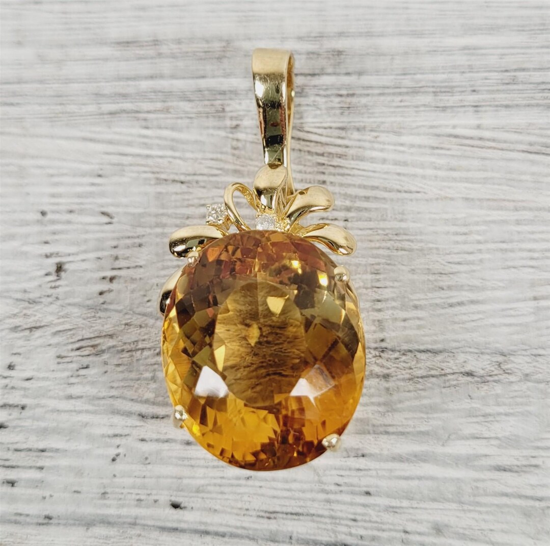Vintage 14K Yellow Gold Big Citrine Diamond Pendant Enhancer Gemstone ...