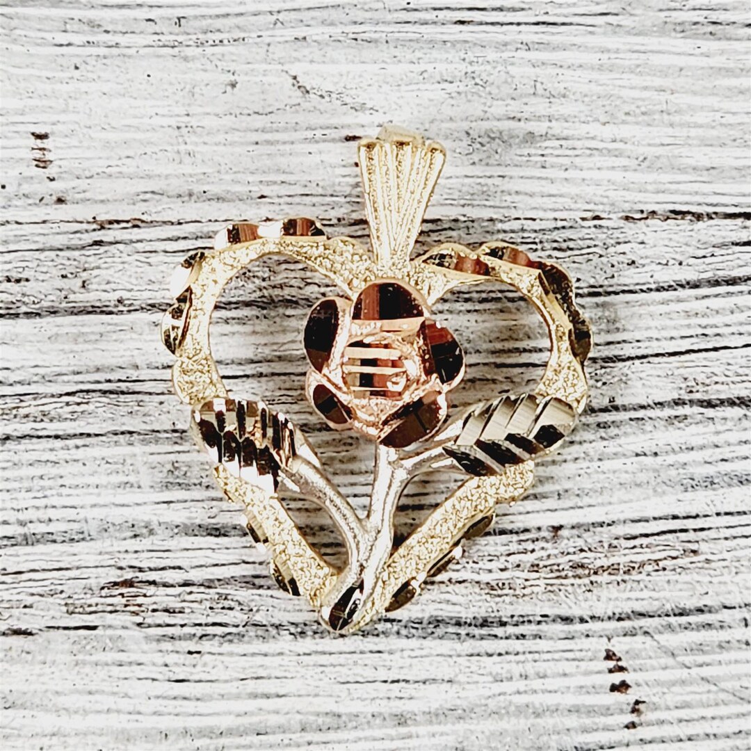 Vintage 14K Yellow Tri Gold Heart Rose Charm Pendant Small Luxury ...