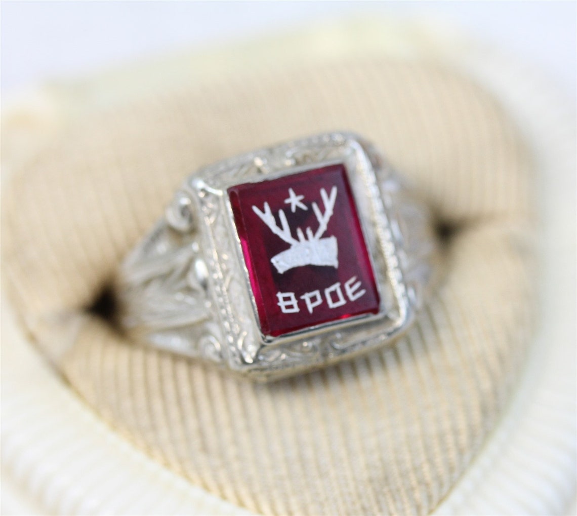 Art Deco Elks 10K White Gold Ruby Solitaire Men's Ring - Etsy