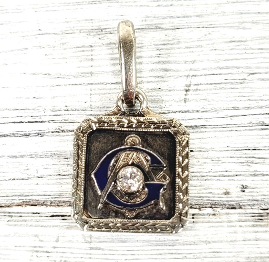 Art Deco Masonic 14K White Gold Diamond Enamel Pendant Pretty Luxury ...