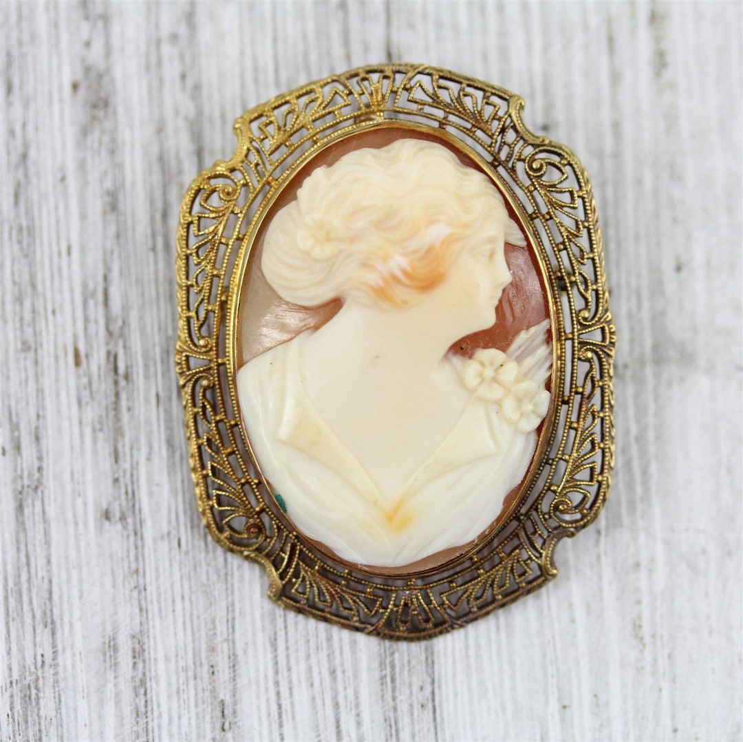 Art Deco Carved Shell Cameo 14K Yellow Gold Shell Pendant Brooch ...