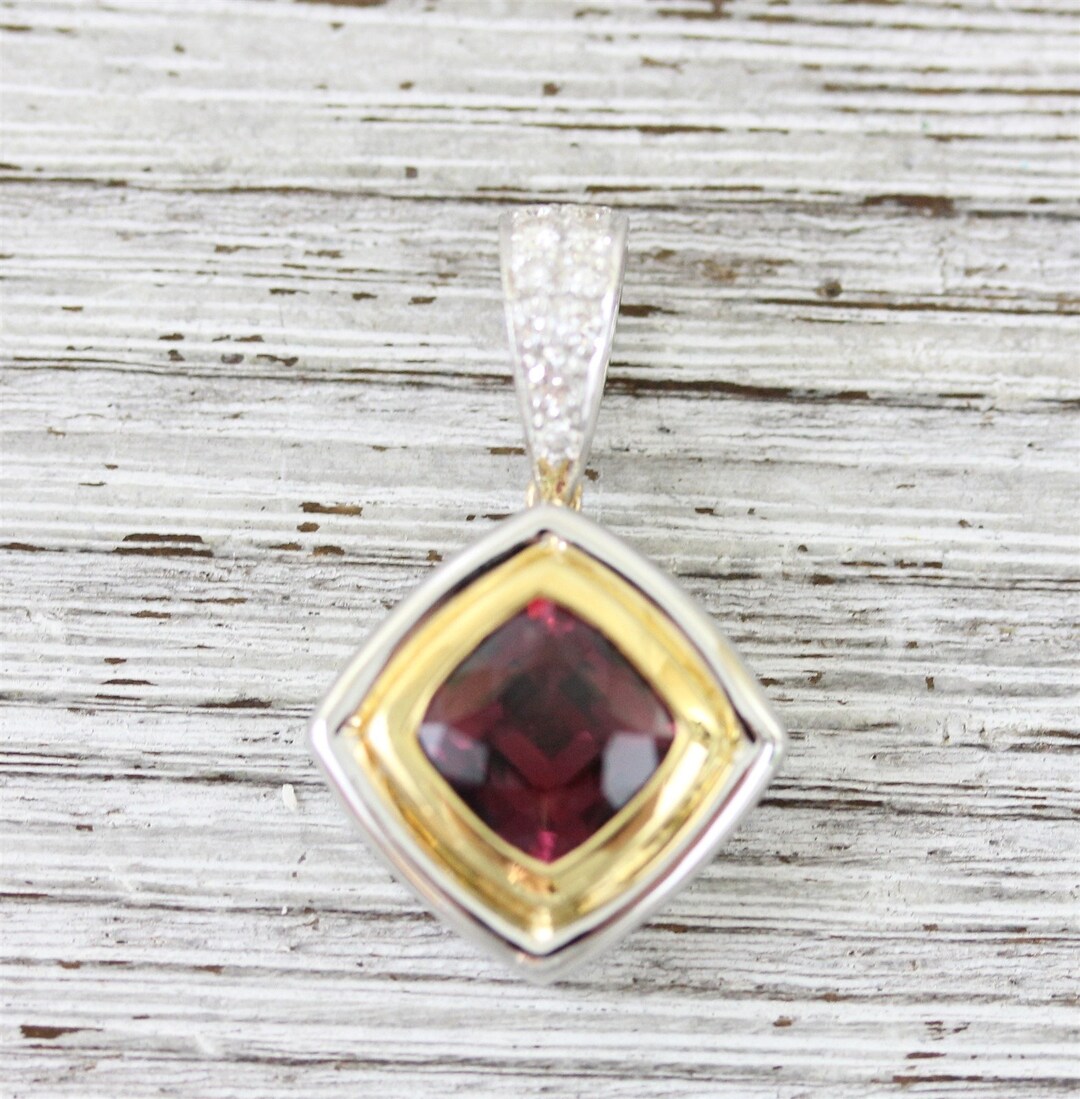 Vintage GAR 18K Yellow Gold Diamond Garnet Pendant Designer Luxury Two ...
