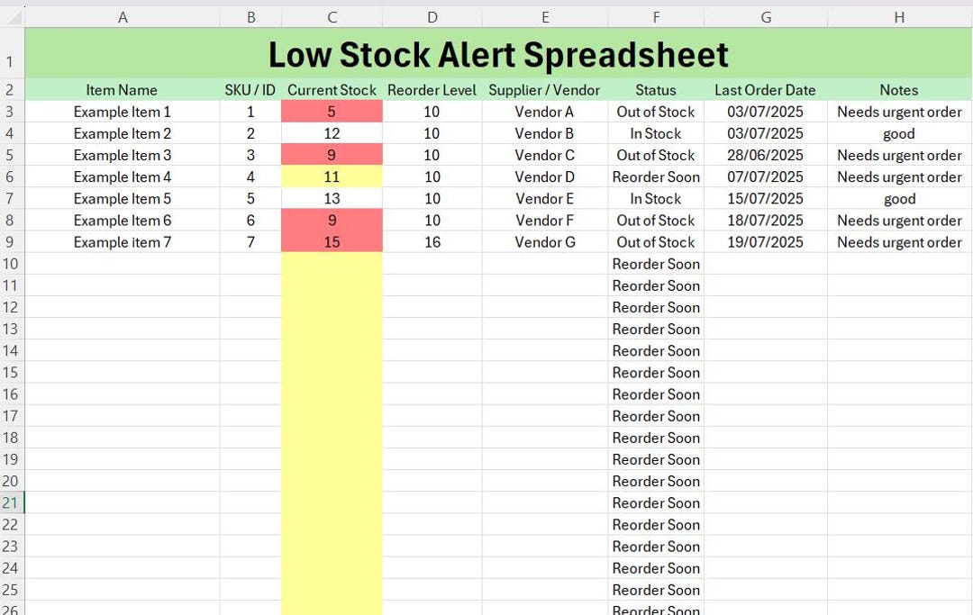 Low Stock Inventory Tracker: Excel & Printable Sheets (digital Download ...