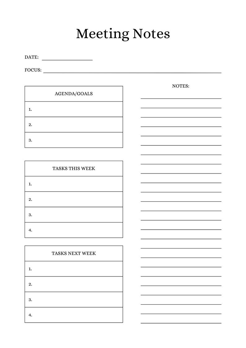 Printable Meeting Minutes Template: Agenda, Tasks, Notes (PDF Download ...
