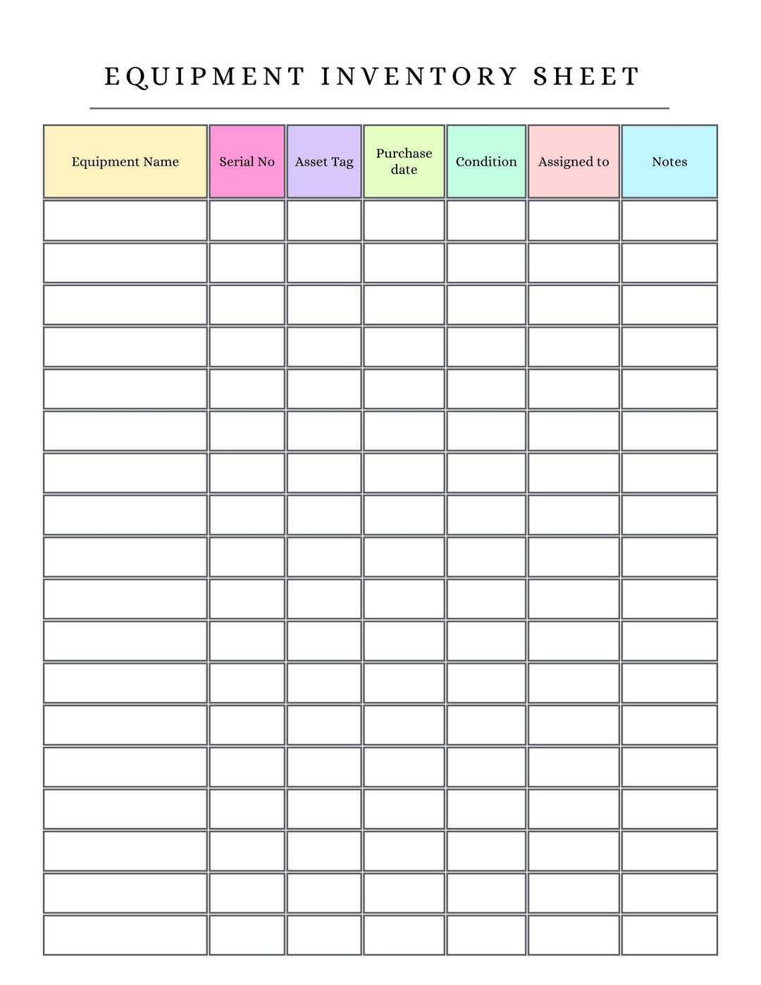 Printable Equipment Inventory Sheet | Editable Excel + PDF | Color & B ...