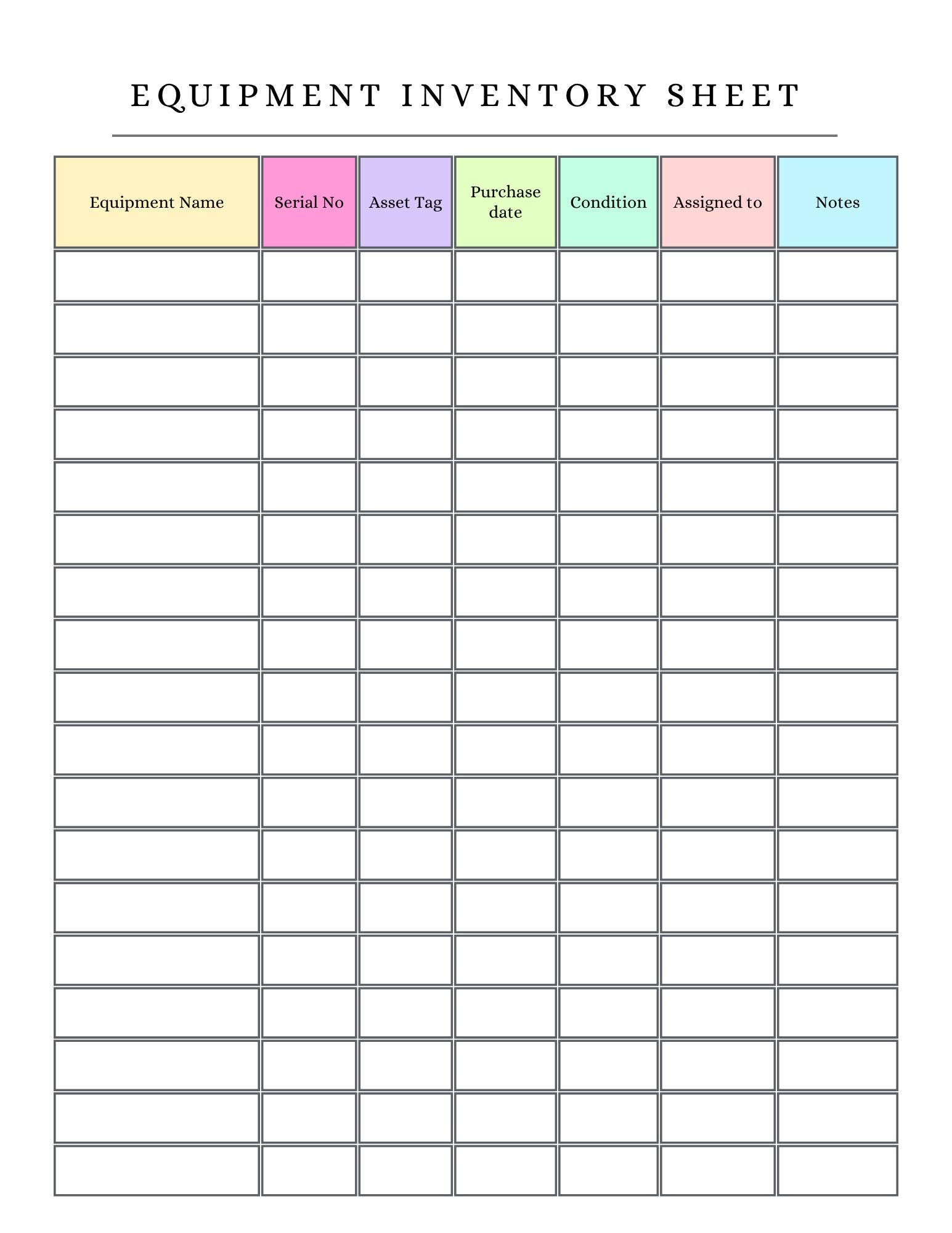Printable Equipment Inventory Sheet | Editable Excel + PDF | Color & B ...