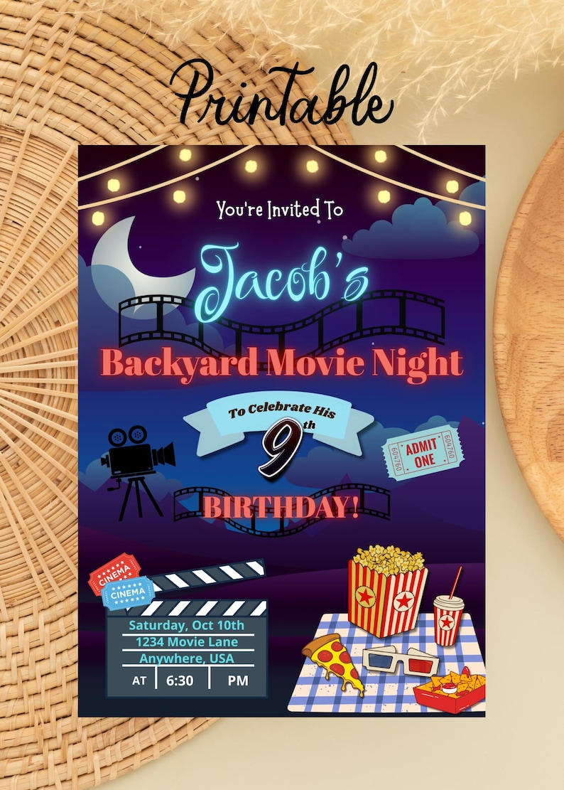 Backyard Movie Night Birthday Invitation | Editable Template (digital ...