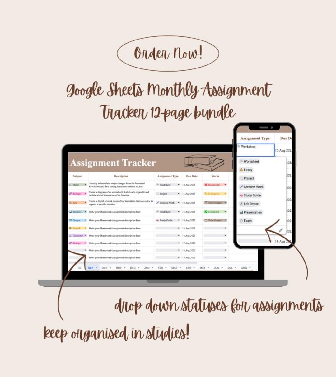 2025-2026 Google Sheets Monthly Assignment Tracker 12-page BUNDLE ...