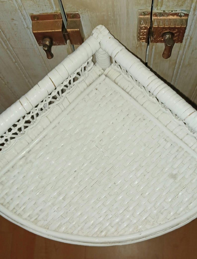 Vintage White Wicker Three Tier Corner Shelf Storage Mid Century Boho ...