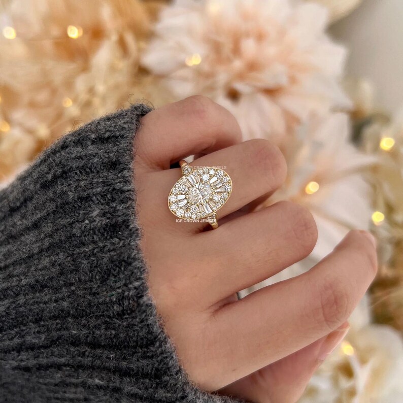 Moissanite Mosaic Ring: Oval 14K Gold Engagement Ring - Etsy