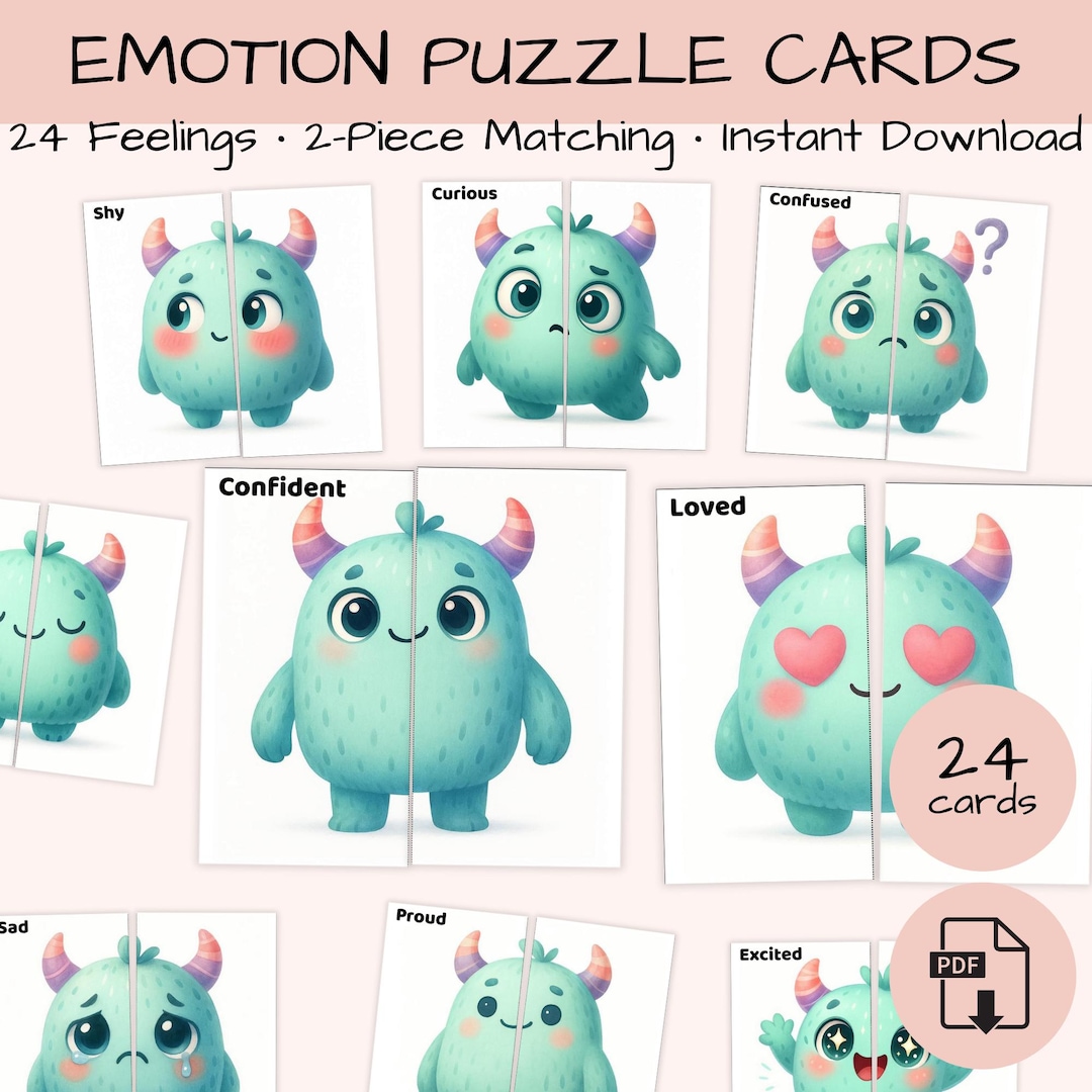 Emotion Puzzle Cards Printable | 24 Feelings Matching Activity for Kids ...
