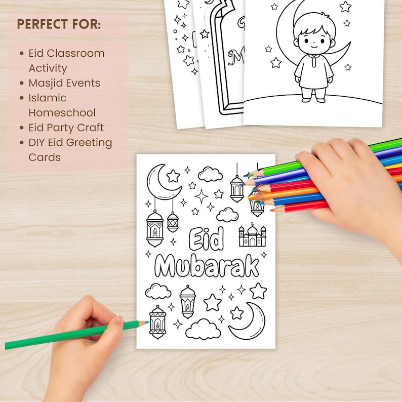 Eid Coloring Cards for Kids Printable PDF | 10 Designs 5x7 | Eid ...