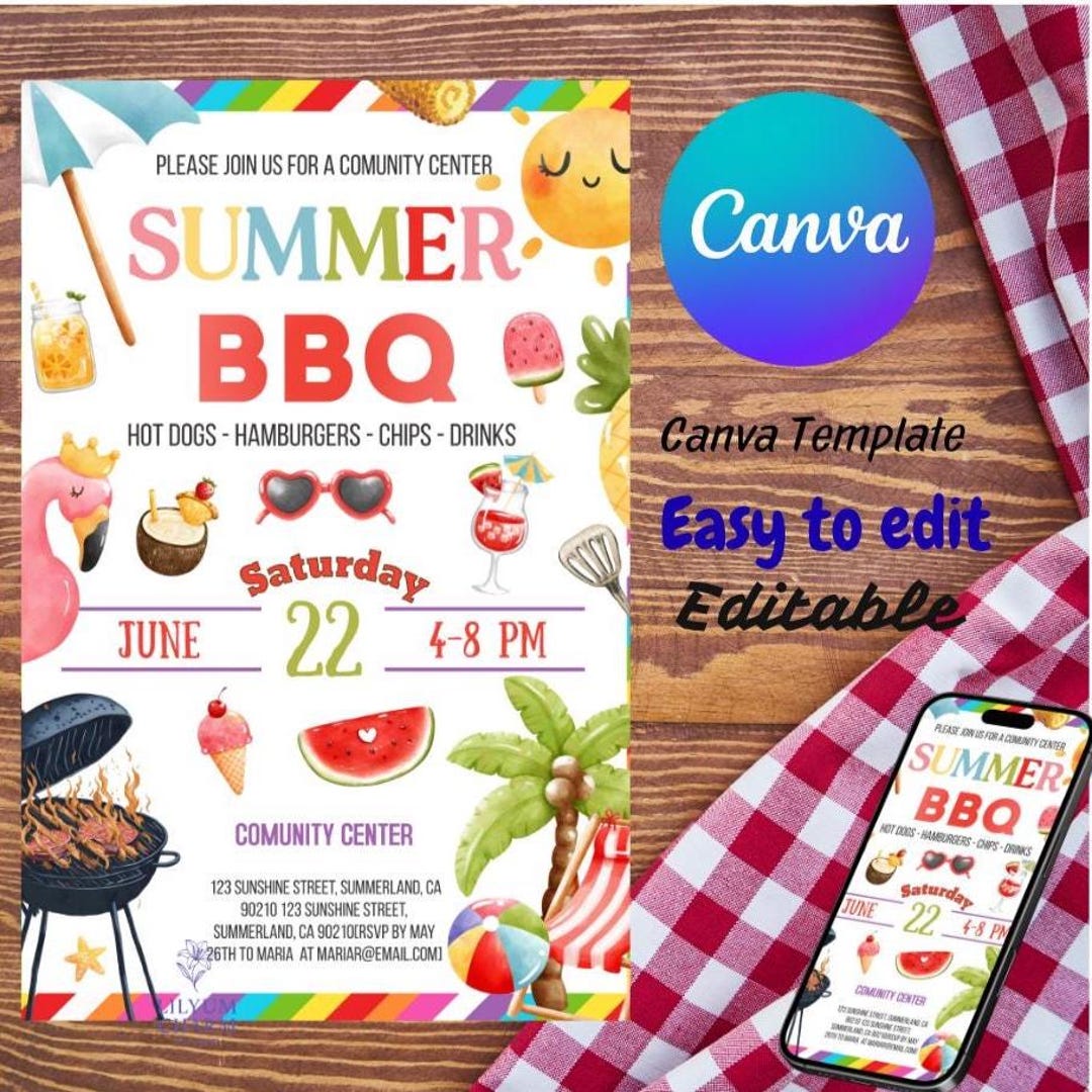 Editable BBQ Party Invitation Template Summer Cookout Invite Backyard ...