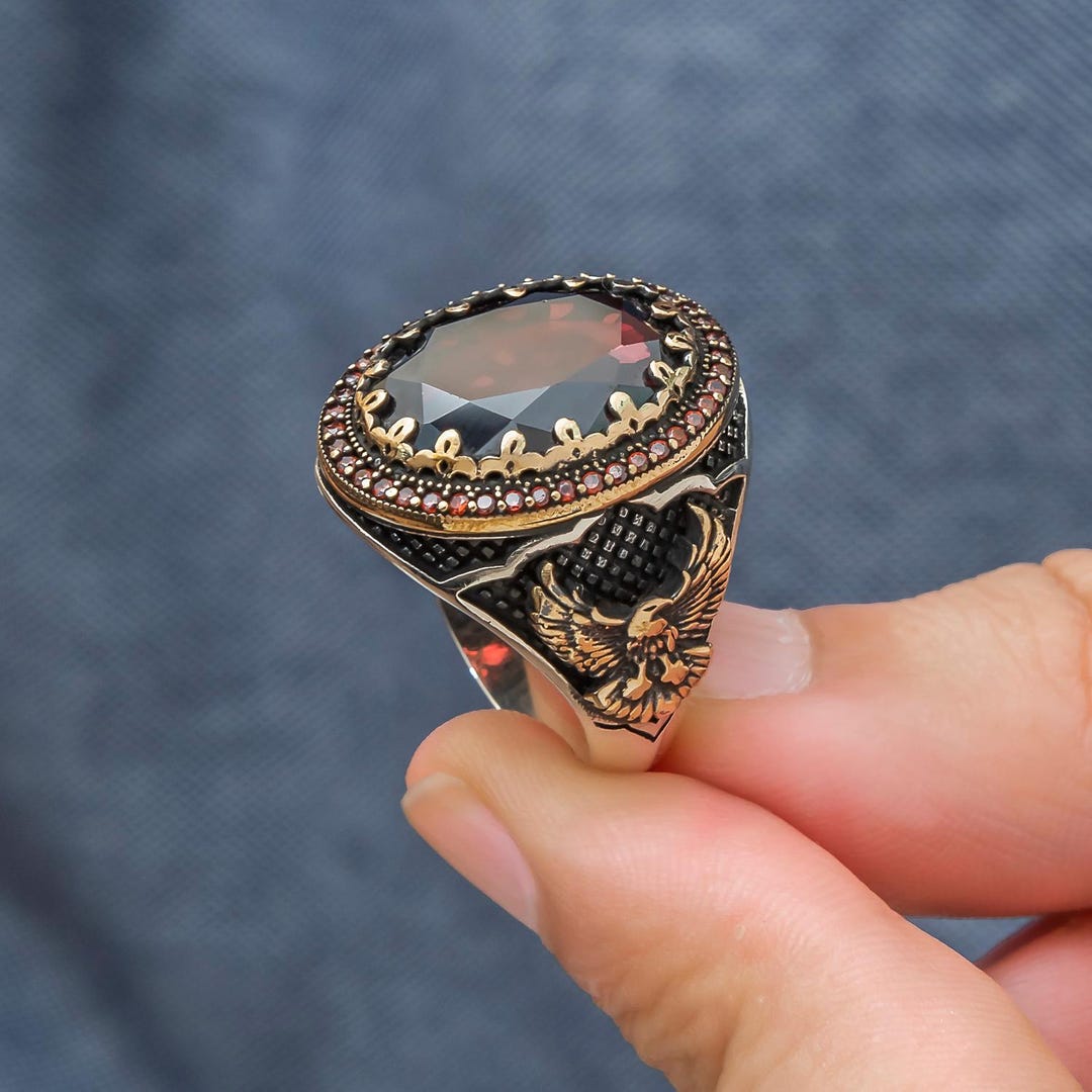 Ruby Stone Ottoman Eagle Ring for Men, 925 Sterling Silver Handmade ...