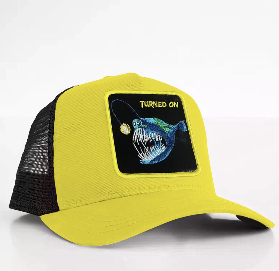 Angler Fish "turned On" Yellow Premium Embroidered Trucker Snapback Hat ...