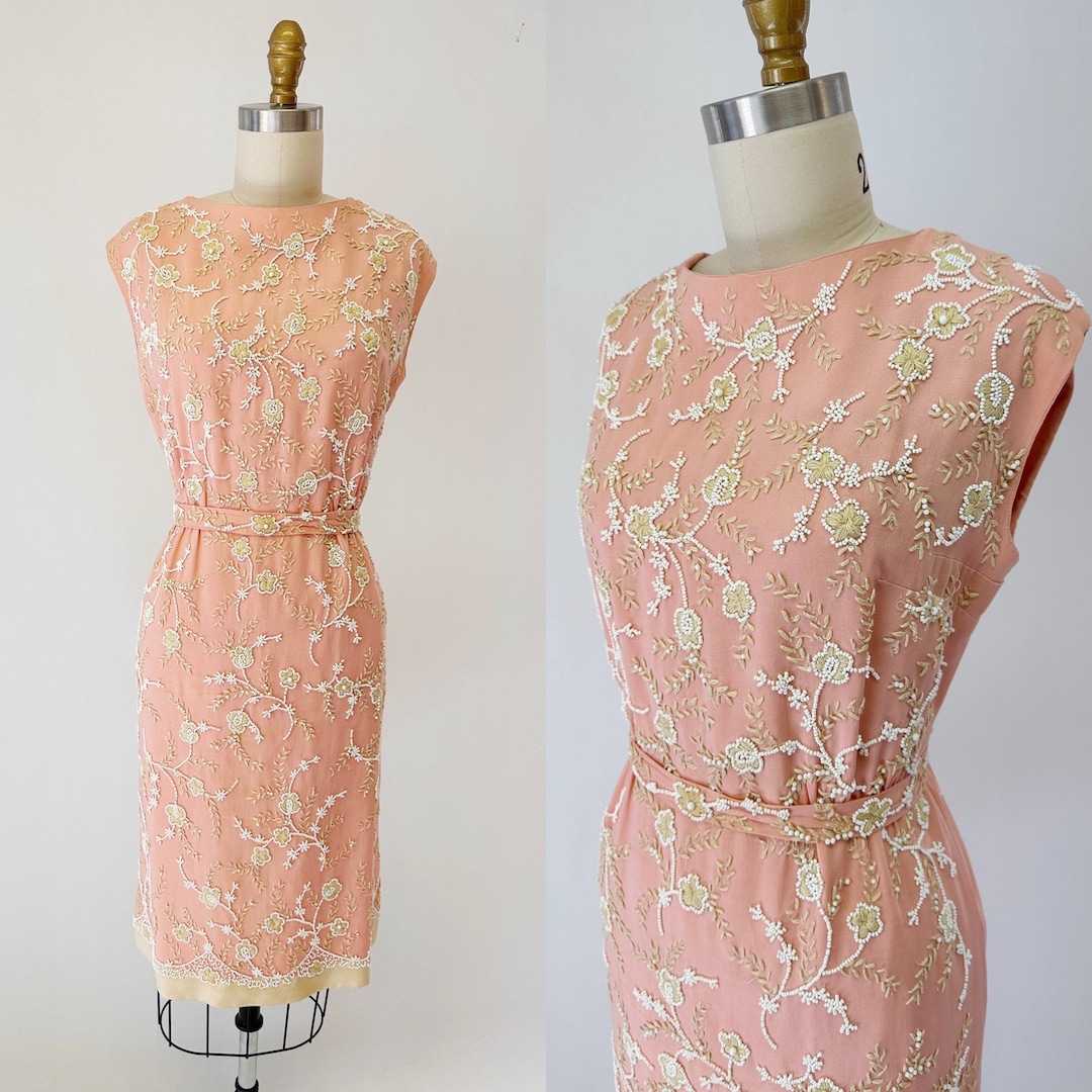 1950s Larry Aldrich Coral Linen Hand Beaded Day Dress - Etsy