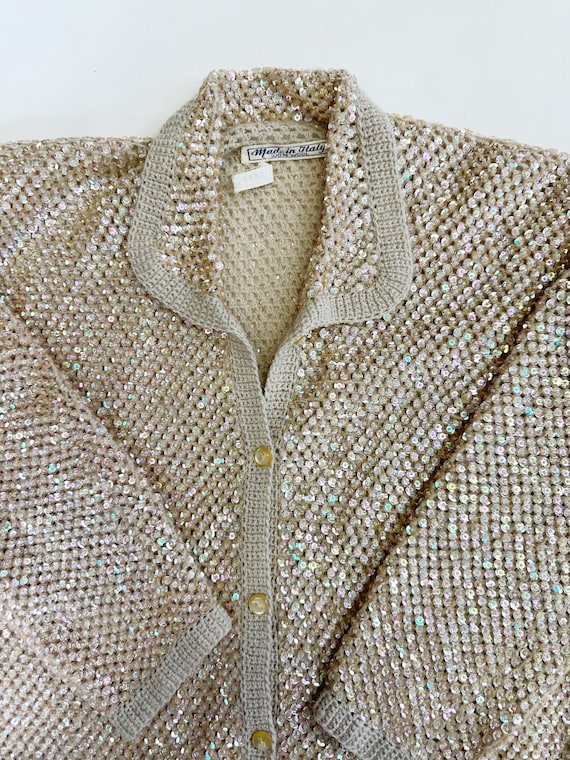 1960s Italian Sequin Beaded Tan Cardigan Sweater - Gem