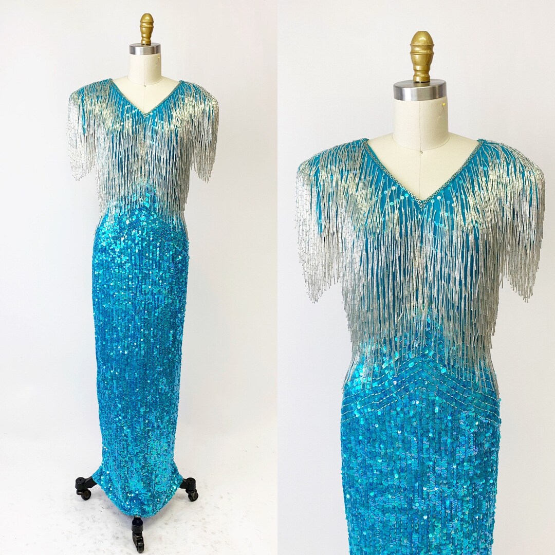 1980s Heavily Beaded Aqua Dream Dress by Landa - Etsy