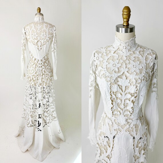 1900s Antique Elaborate White Linen Cutwork Dress - Gem