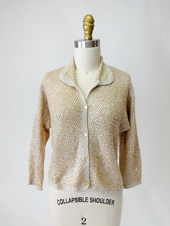 1960s Italian Sequin Beaded Tan Cardigan Sweater - Gem