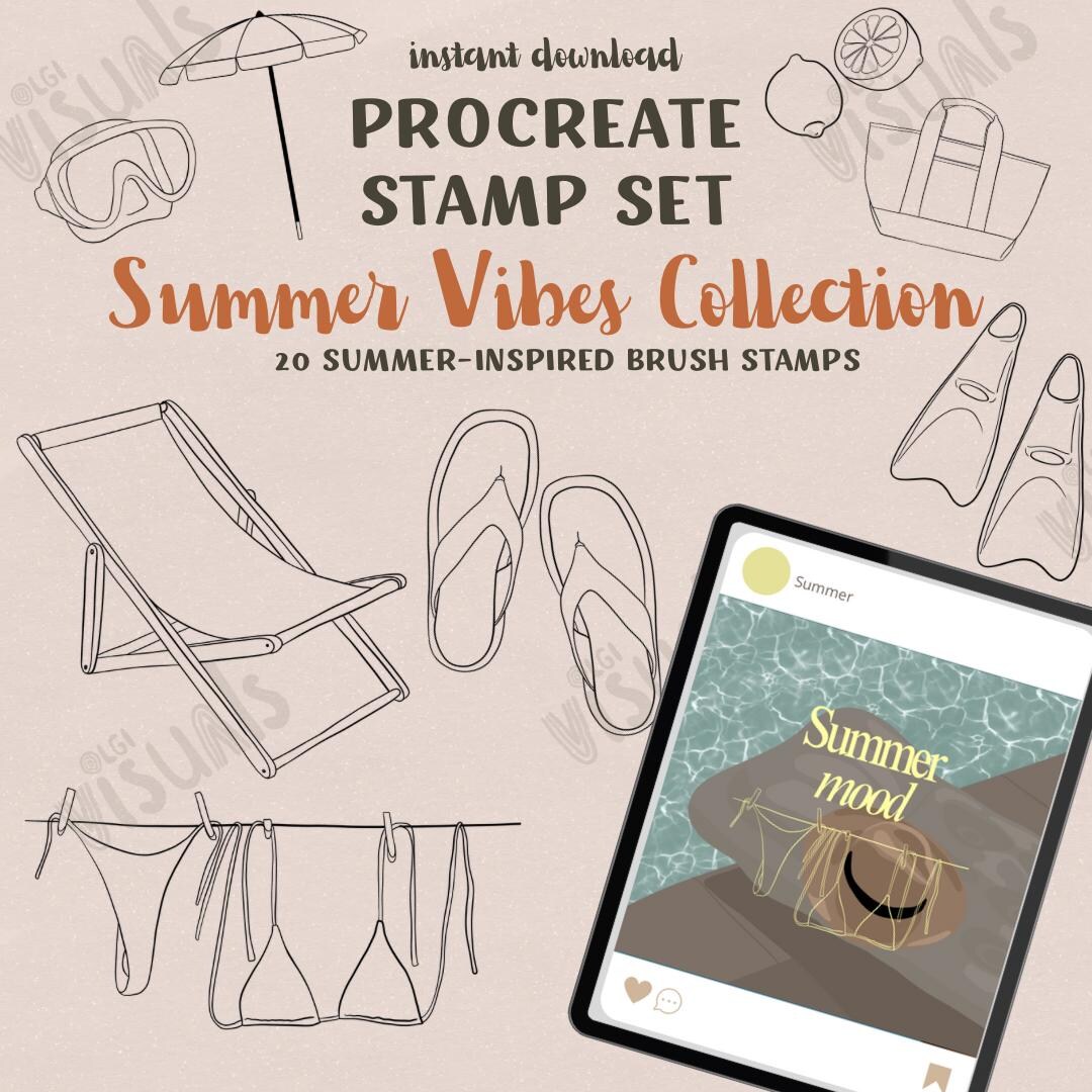Summer Vibes Procreate Stamp Set – 20 Hand-drawn Summer Doodle Brushes ...
