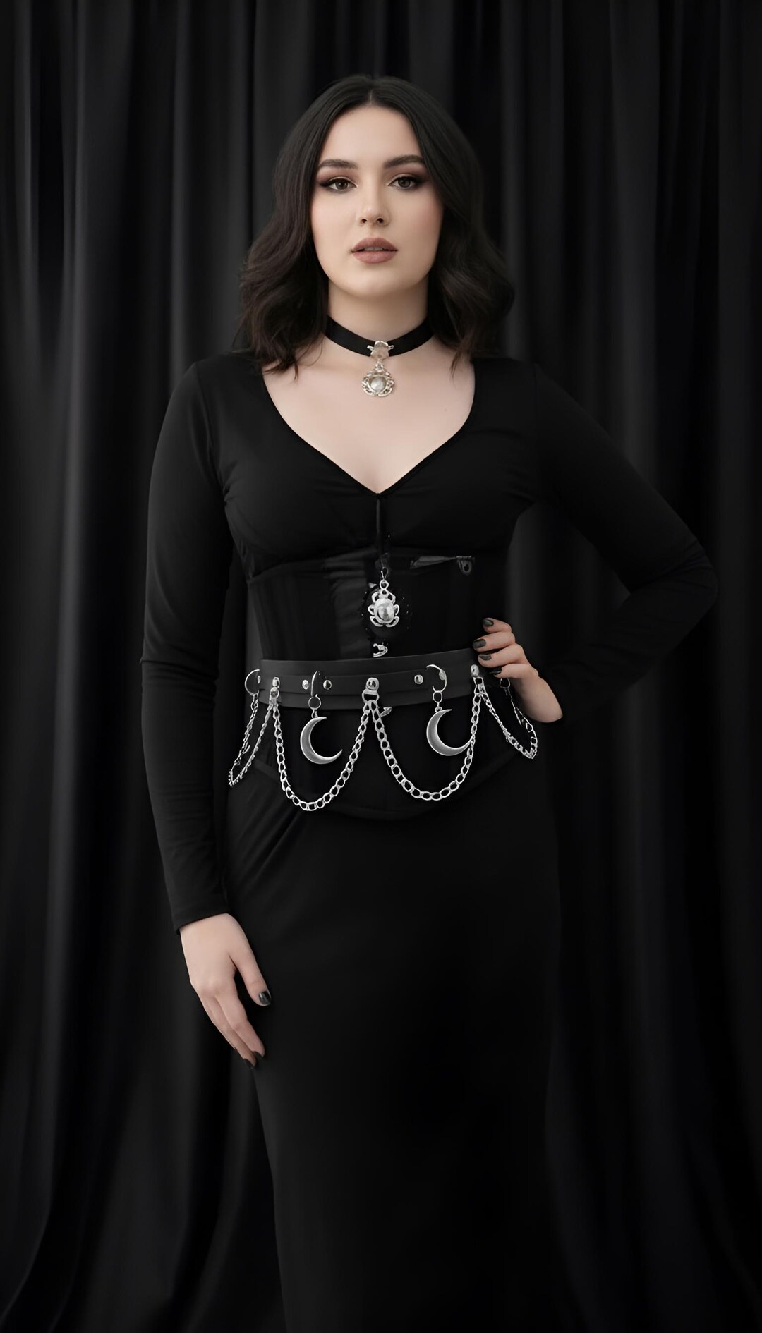 Gothic Moon Pendant Bel Chain Fringe PU Leather Waistband Waist Cincher ...