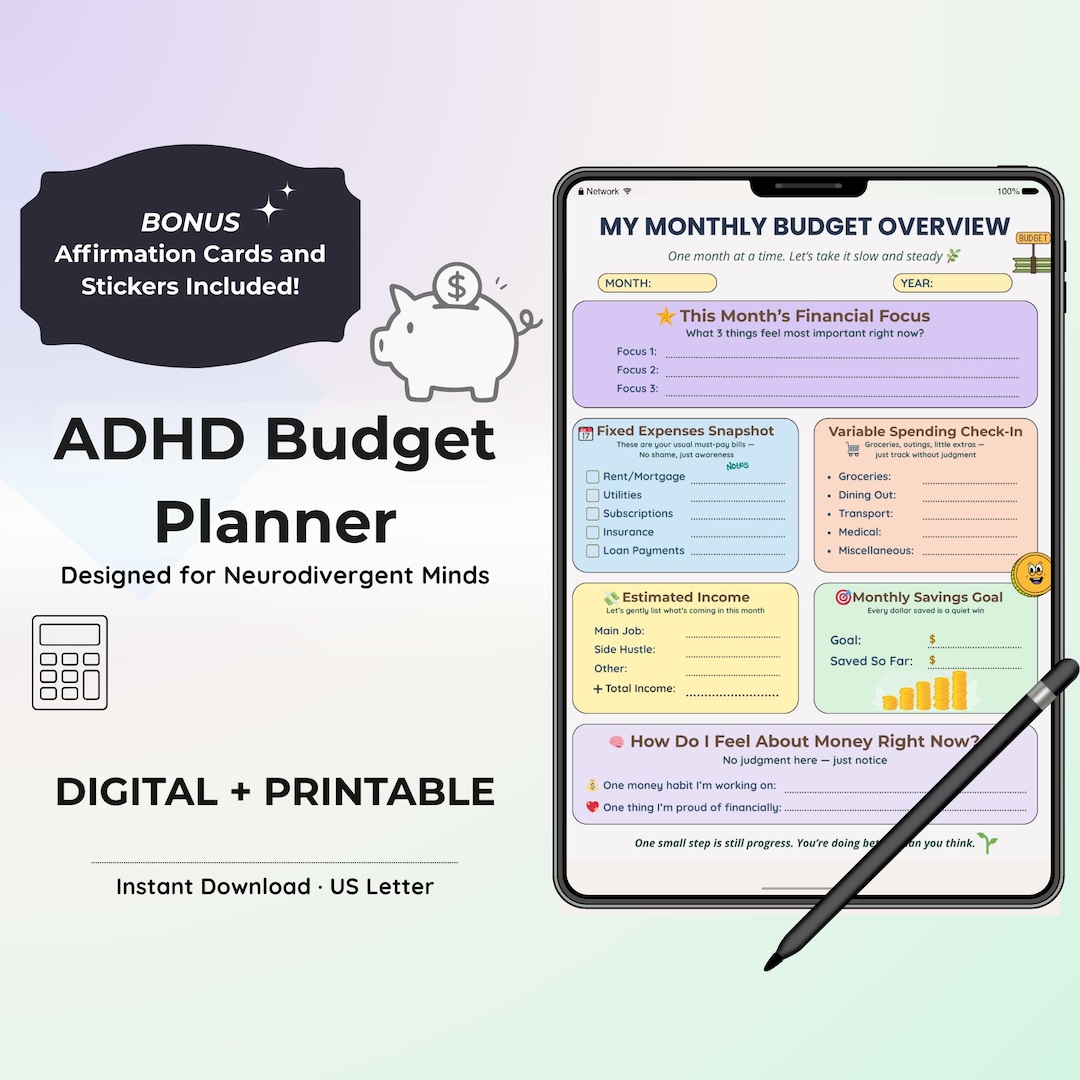 ADHD Budget Planner | Digital Finance Tracker, Canva Editable (instant ...