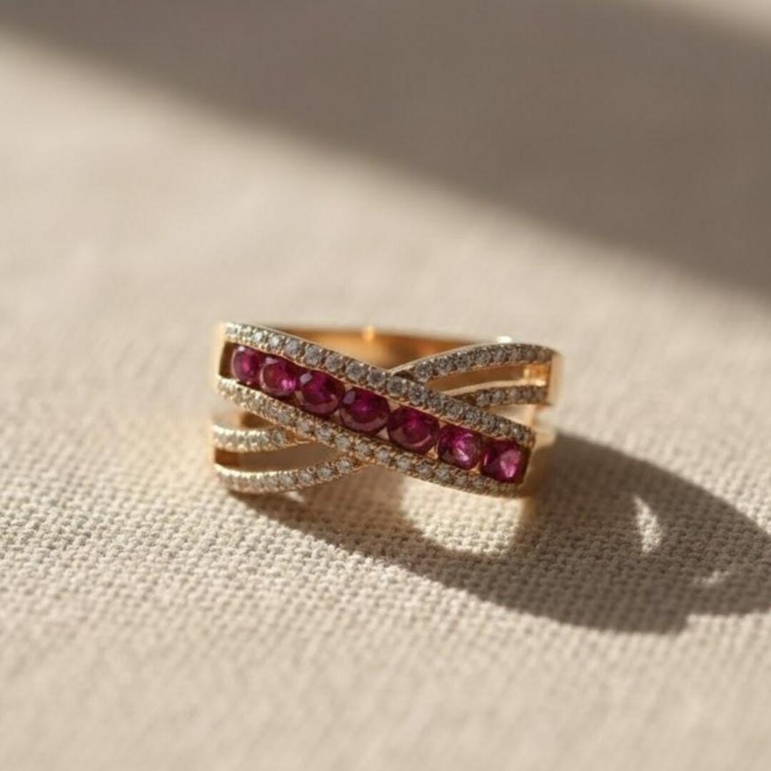 Elegant Ruby Criss Cross Ring With Diamond Accents in Gold Tone - Etsy