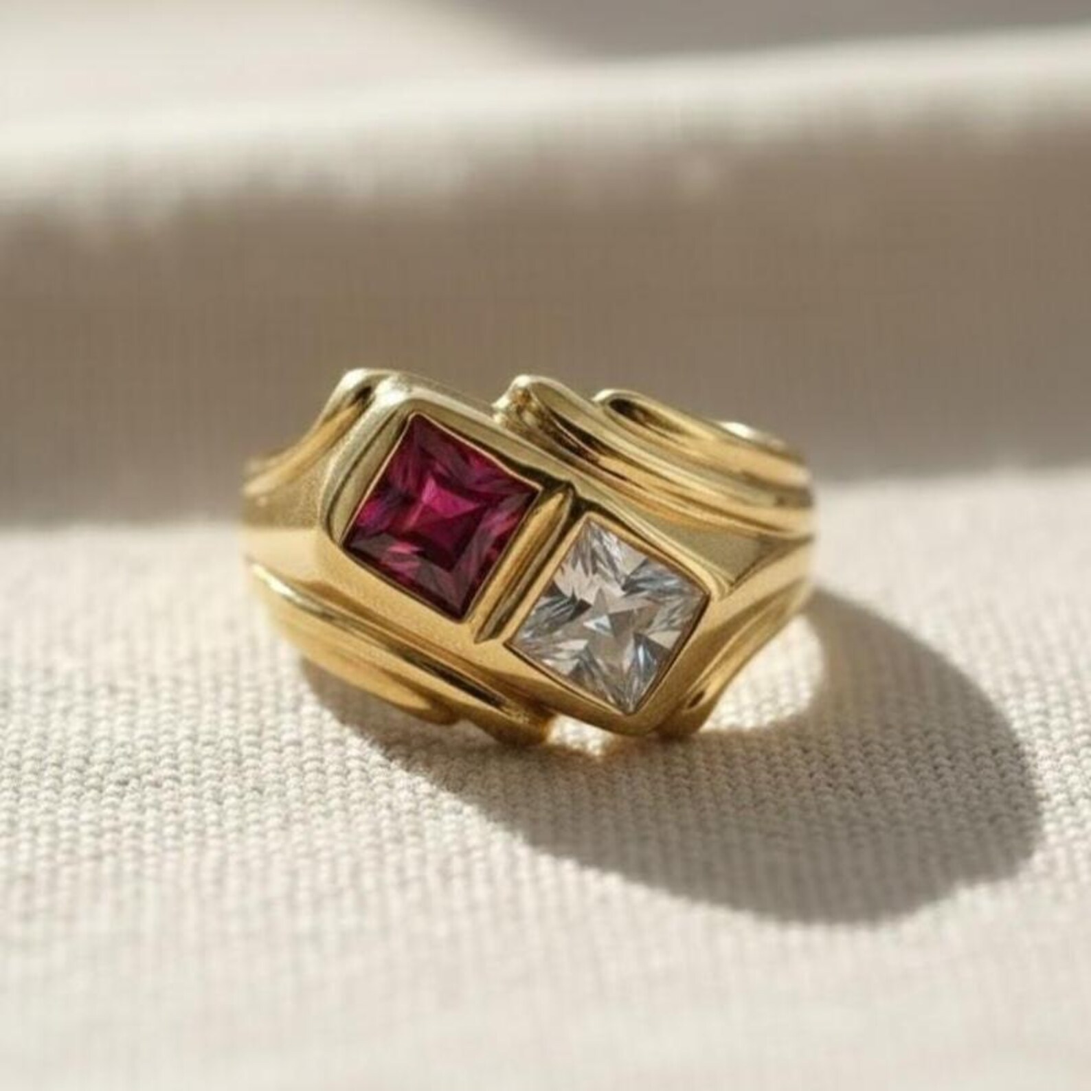 Gold Two-stone Square Cut Ring With Ruby Red & Clear Crystal WOMENS ...