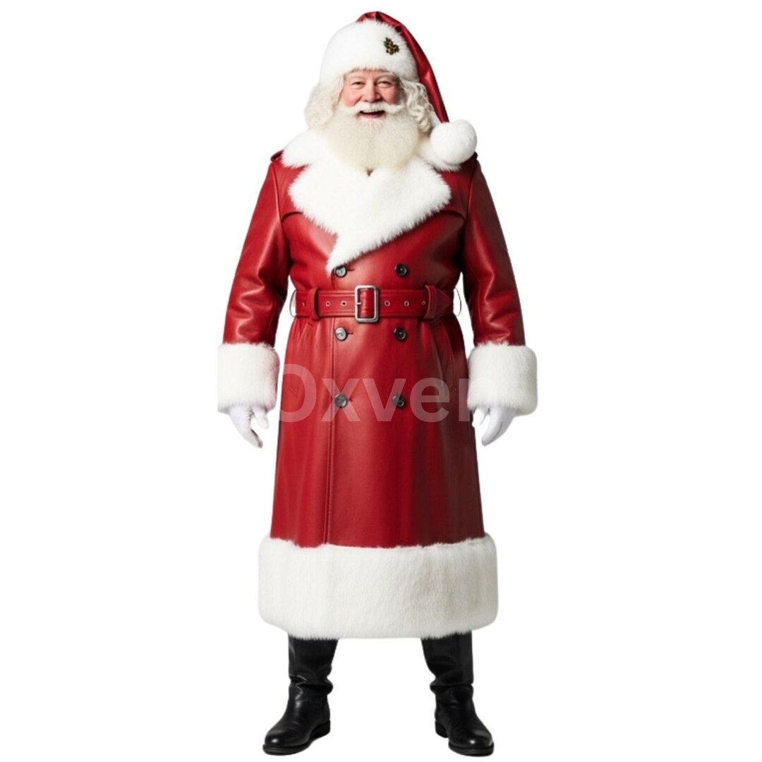 Genuine Leather Santa Claus Trench Coat Costume: Long Red Christmas ...