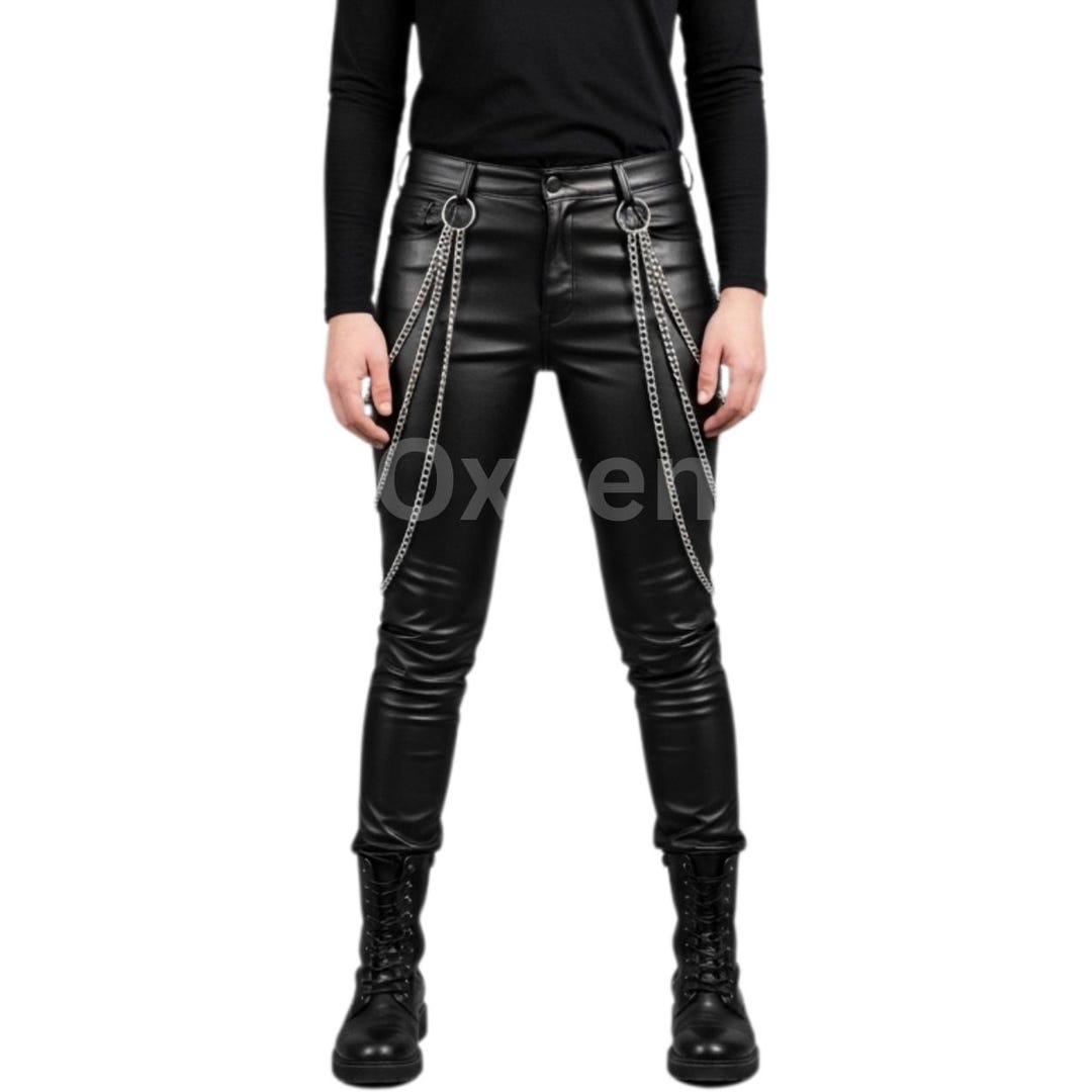 Handmade Leather Biker Pants With Metal Chains - Slim Fit Goth ...