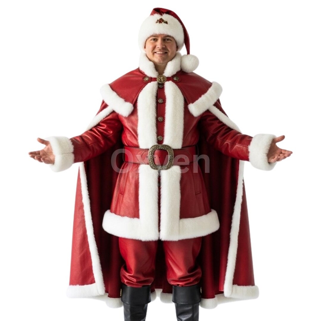 Genuine Leather Santa Suit: Red Cape, Coat, Hat & Pants - Christmas ...