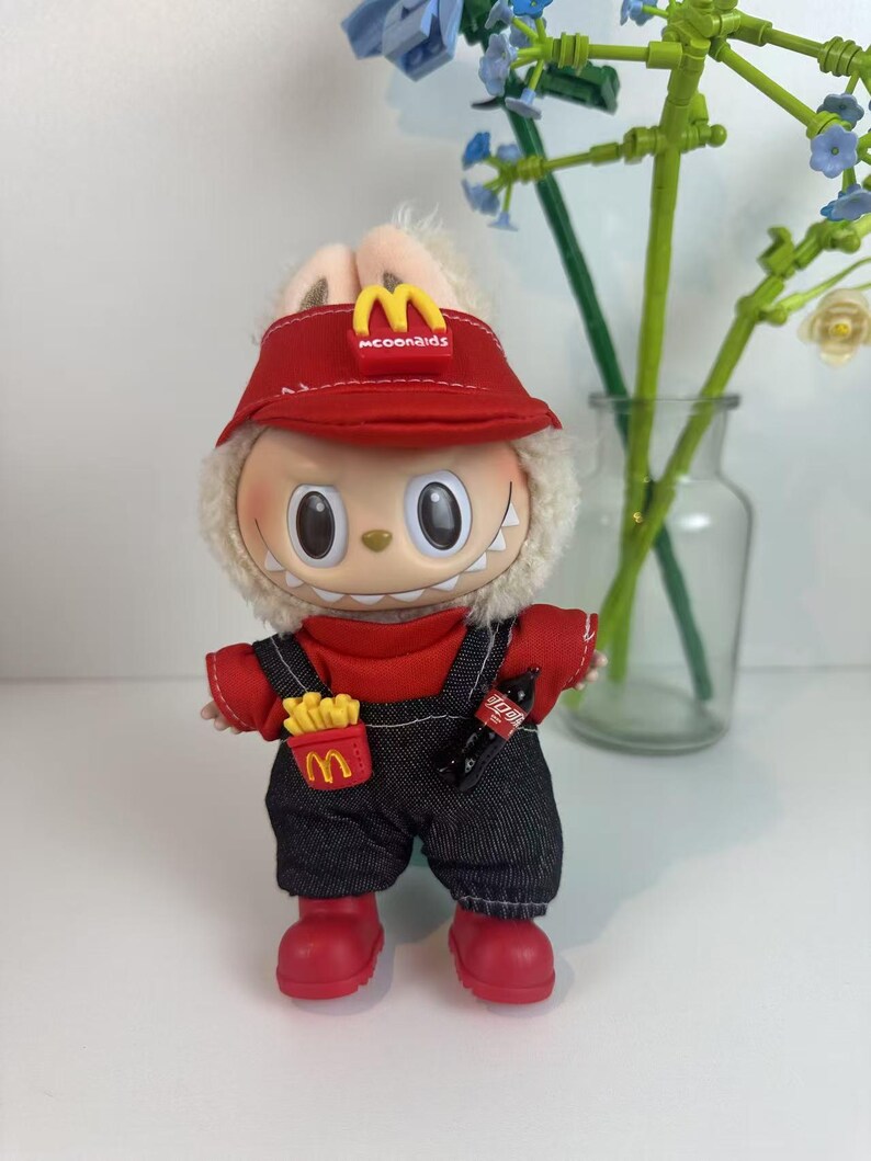 Labubu Doll Fast Food Outfit: Red Uniform, Fries Pocket - Fits 17cm Pop ...