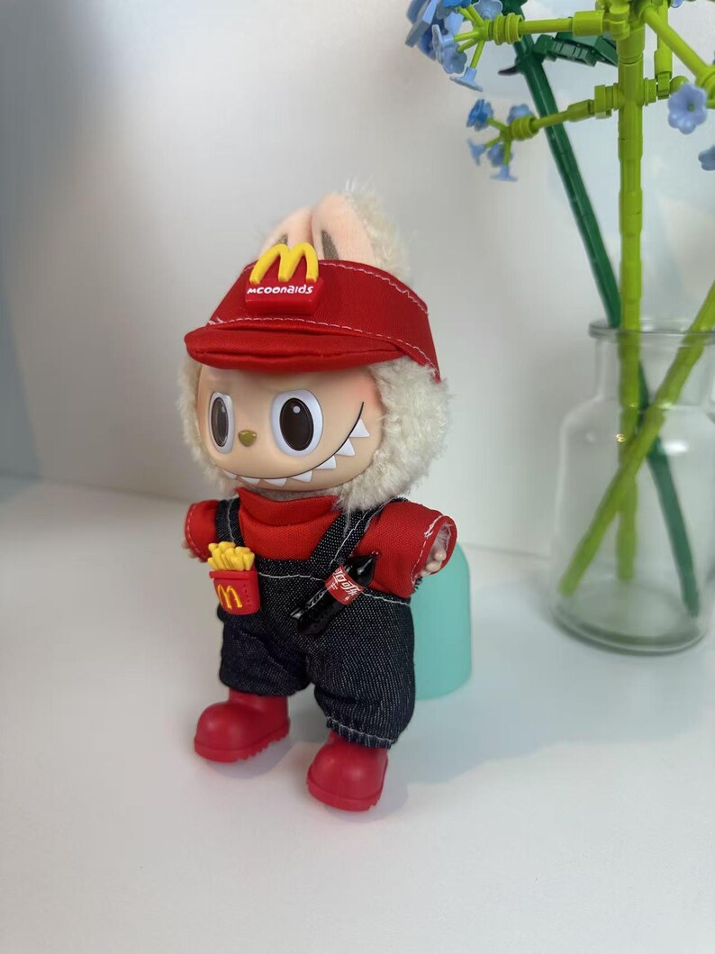 Labubu Doll Fast Food Outfit: Red Uniform, Fries Pocket - Fits 17cm Pop ...