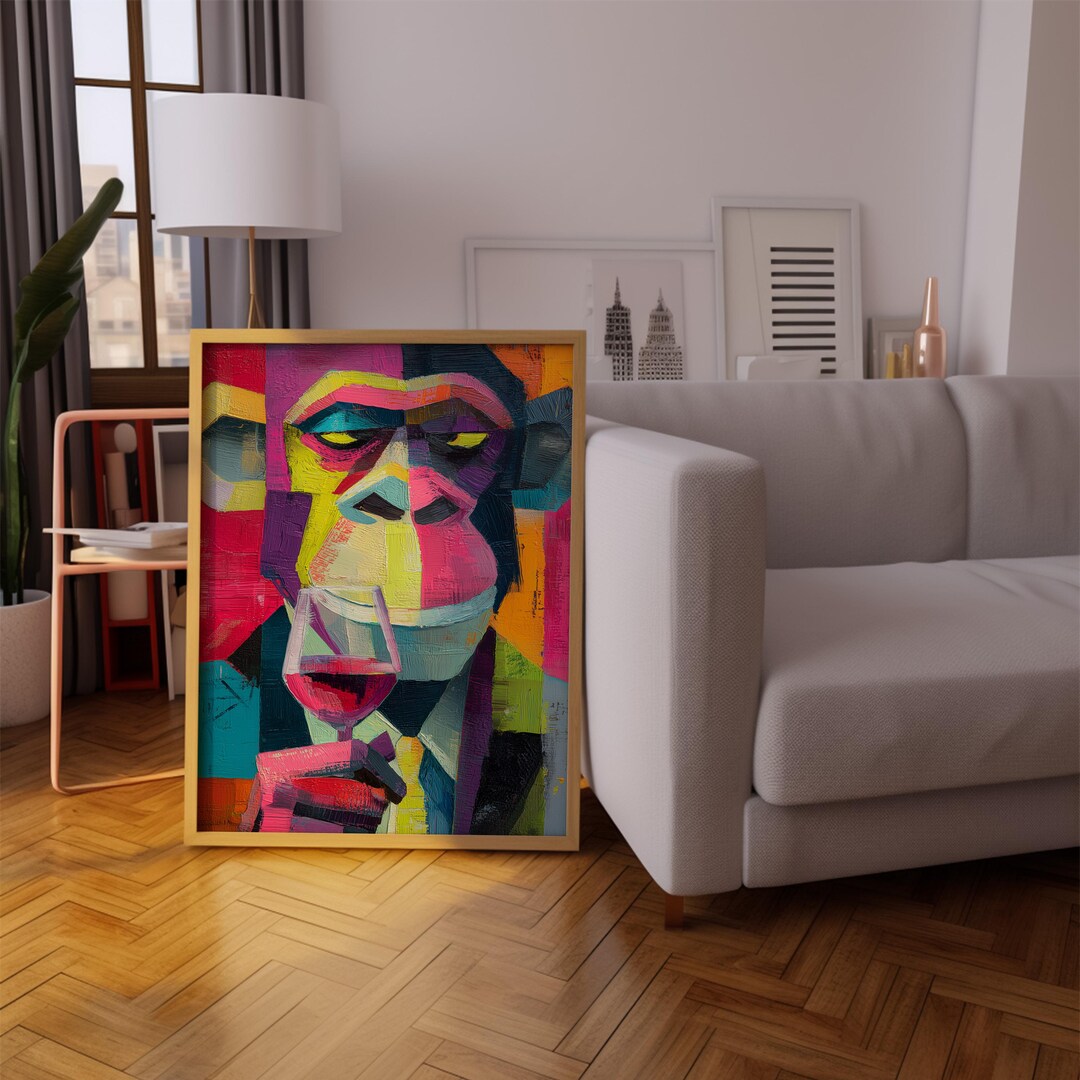 Monkey Wall Art: Colorful Abstract Animal Portrait, Modern Cubist Style ...