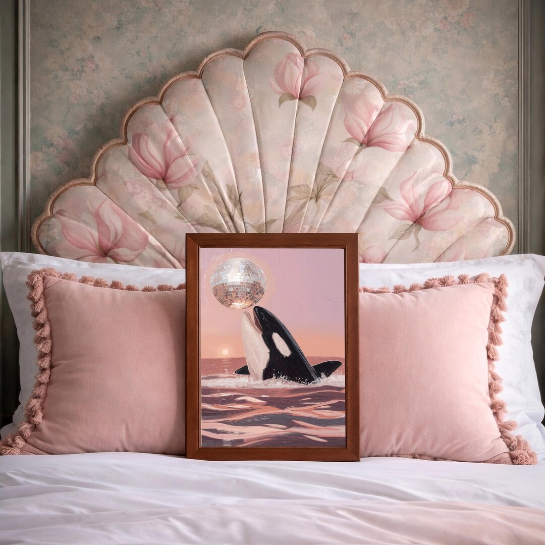 Whale Wall Art : Pink Ocean Print , Disco Ball Decor - Etsy