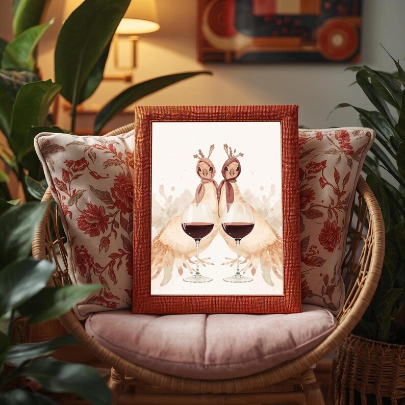 Peacock Wine Wall Art : Elegant Whimsical Peacock Couple Illustration ...