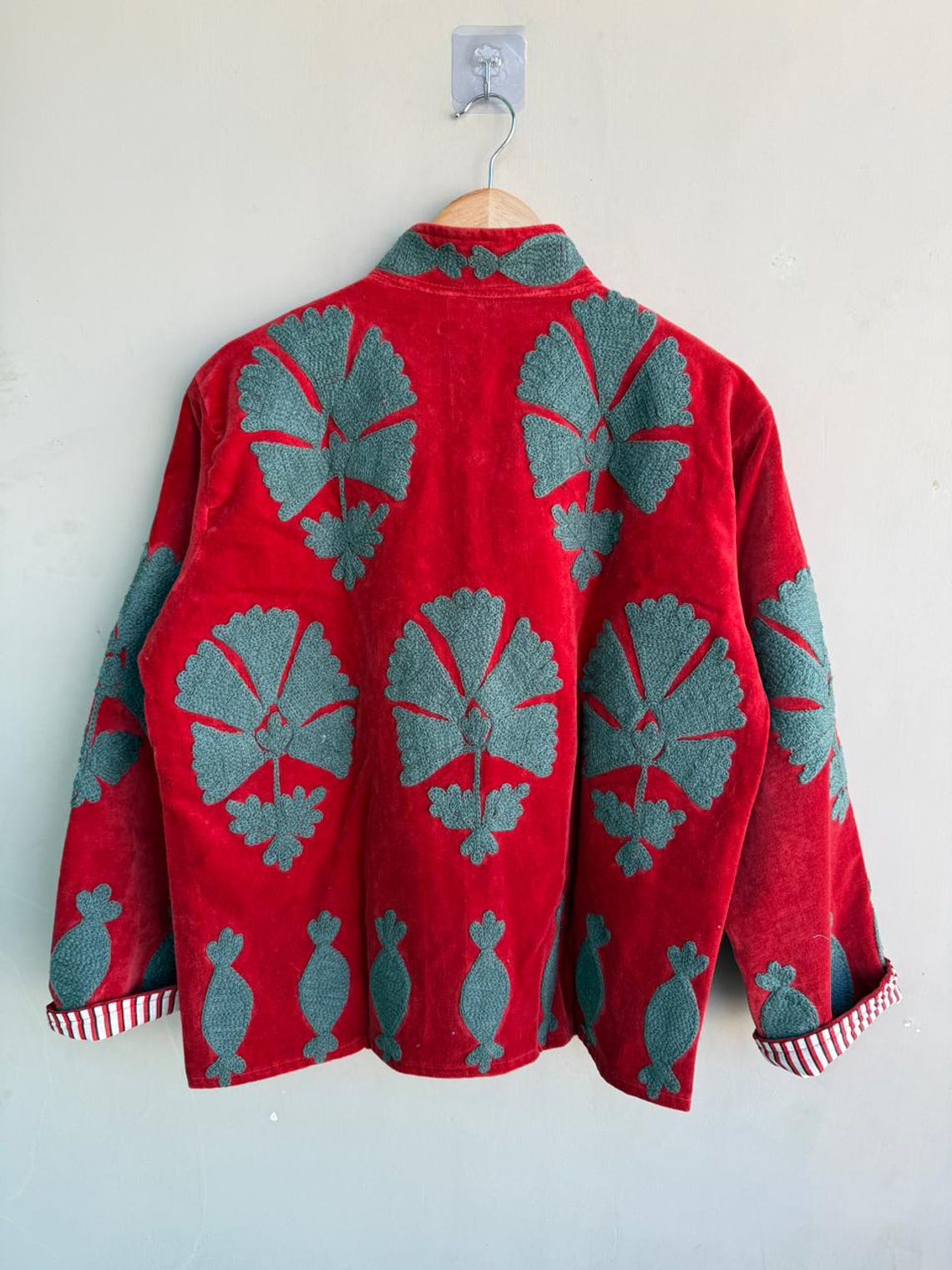 Handmade Boho Embroidered Red Jacket for Women, Vintage Floral Cotton ...
