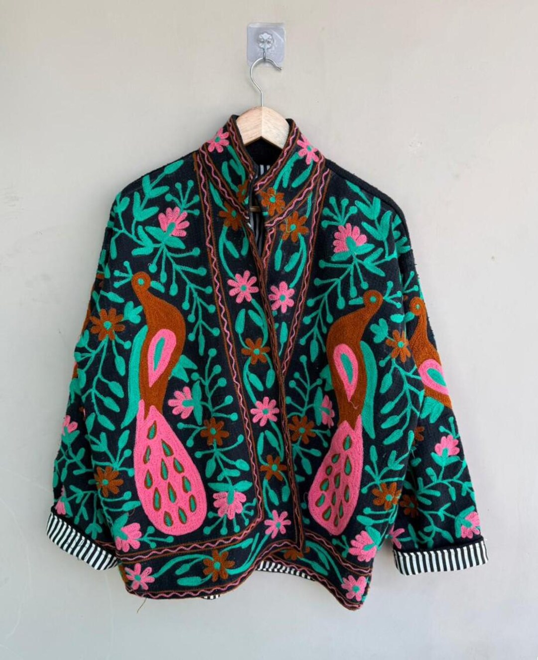Black Handmade TNT Fabric Cotton Suzani Short Jacket, Peacock and ...