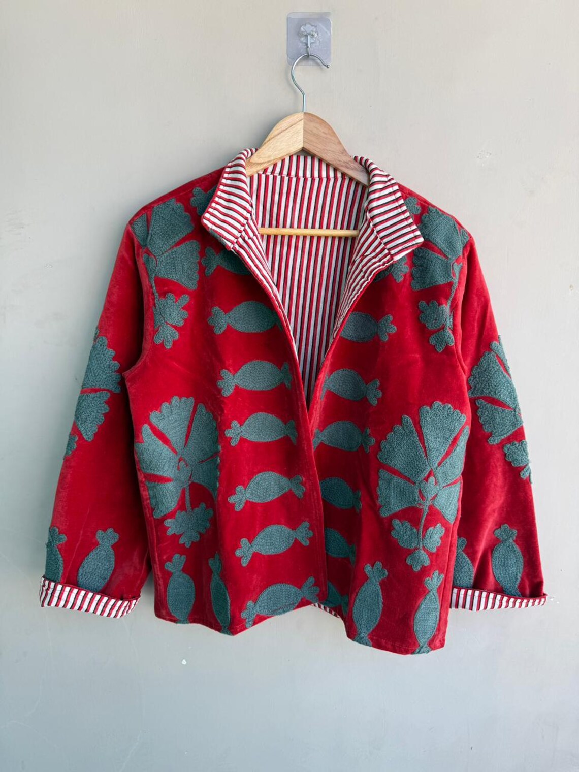 Handmade Boho Embroidered Red Jacket for Women, Vintage Floral Cotton ...