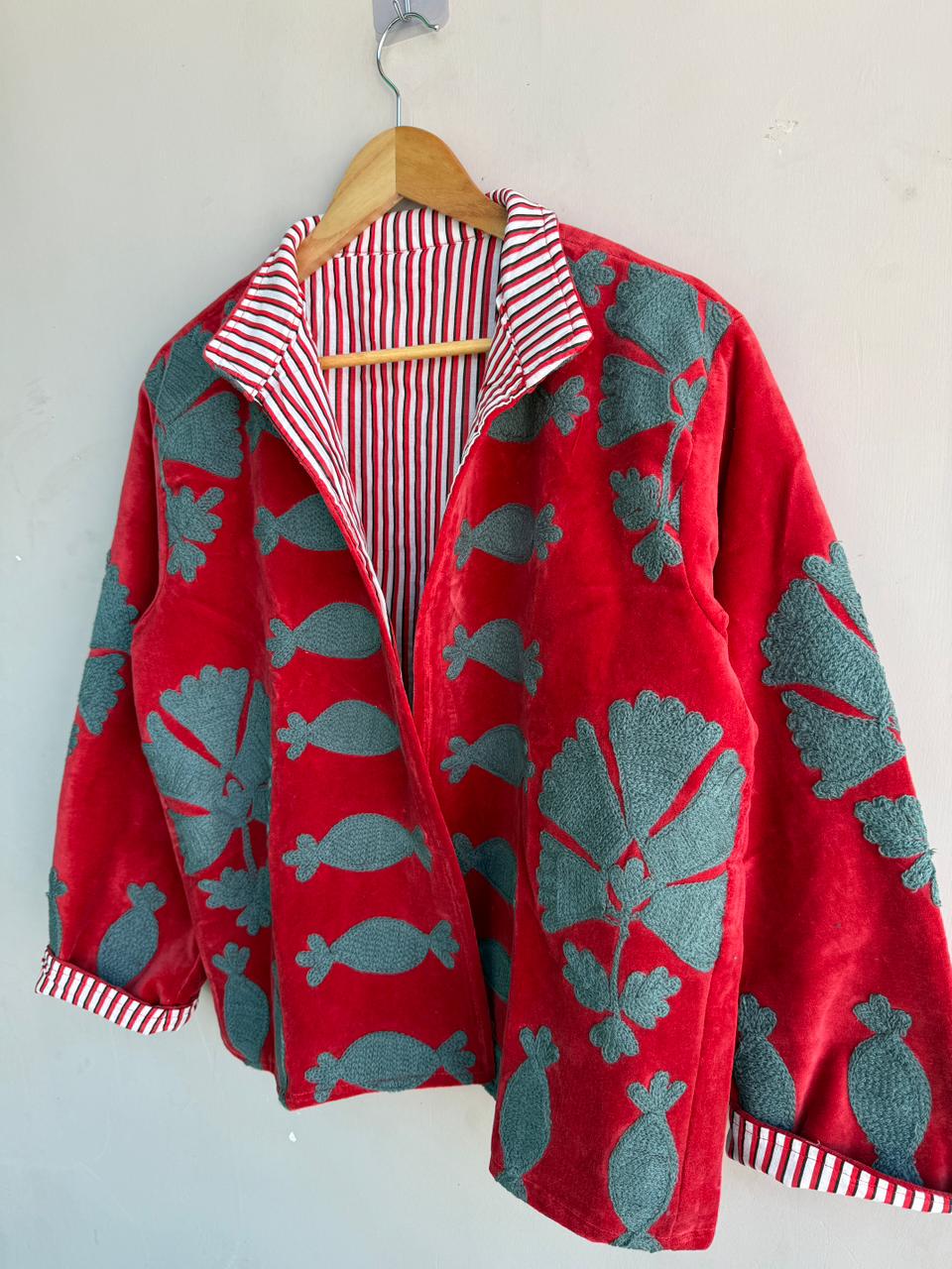 Handmade Boho Embroidered Red Jacket for Women, Vintage Floral Cotton ...