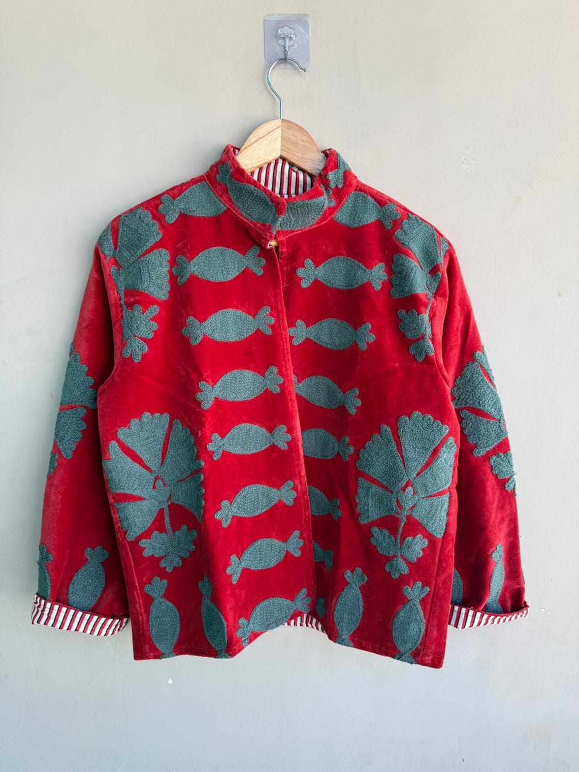 Handmade Boho Embroidered Red Jacket for Women, Vintage Floral Cotton ...