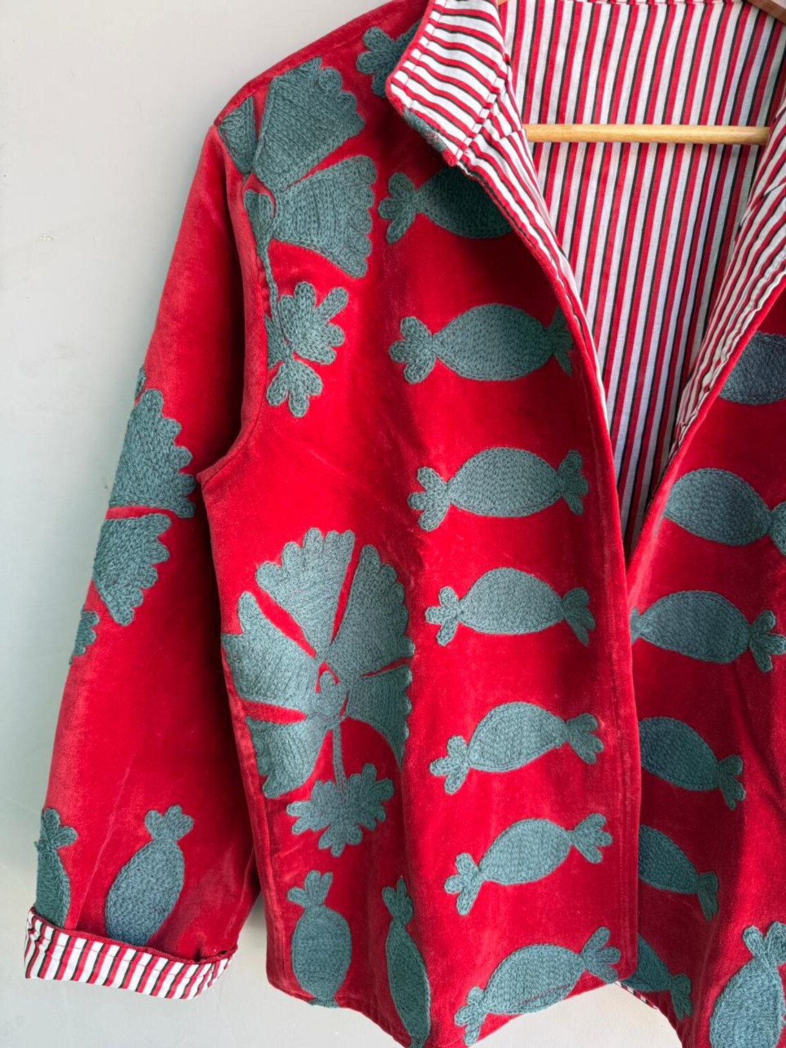 Handmade Boho Embroidered Red Jacket for Women, Vintage Floral Cotton ...