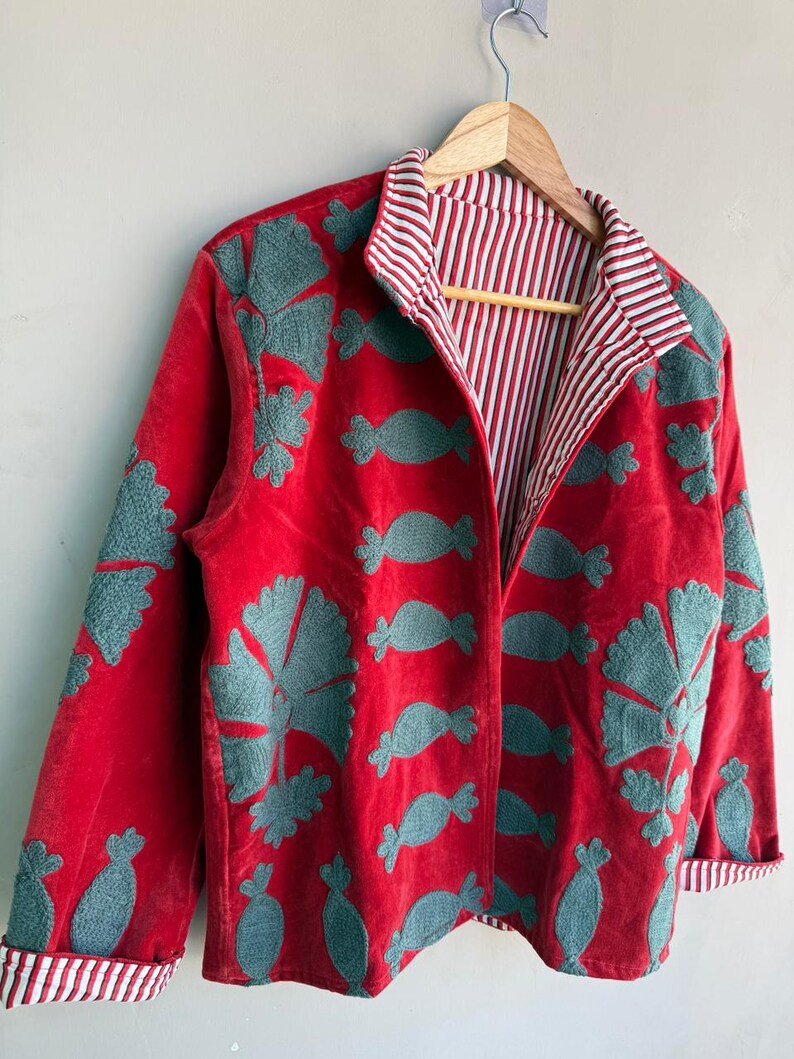 Handmade Boho Embroidered Red Jacket for Women, Vintage Floral Cotton ...