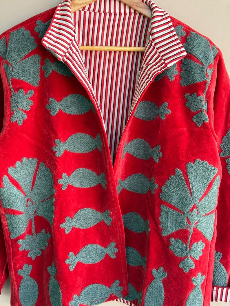 Handmade Boho Embroidered Red Jacket for Women, Vintage Floral Cotton ...